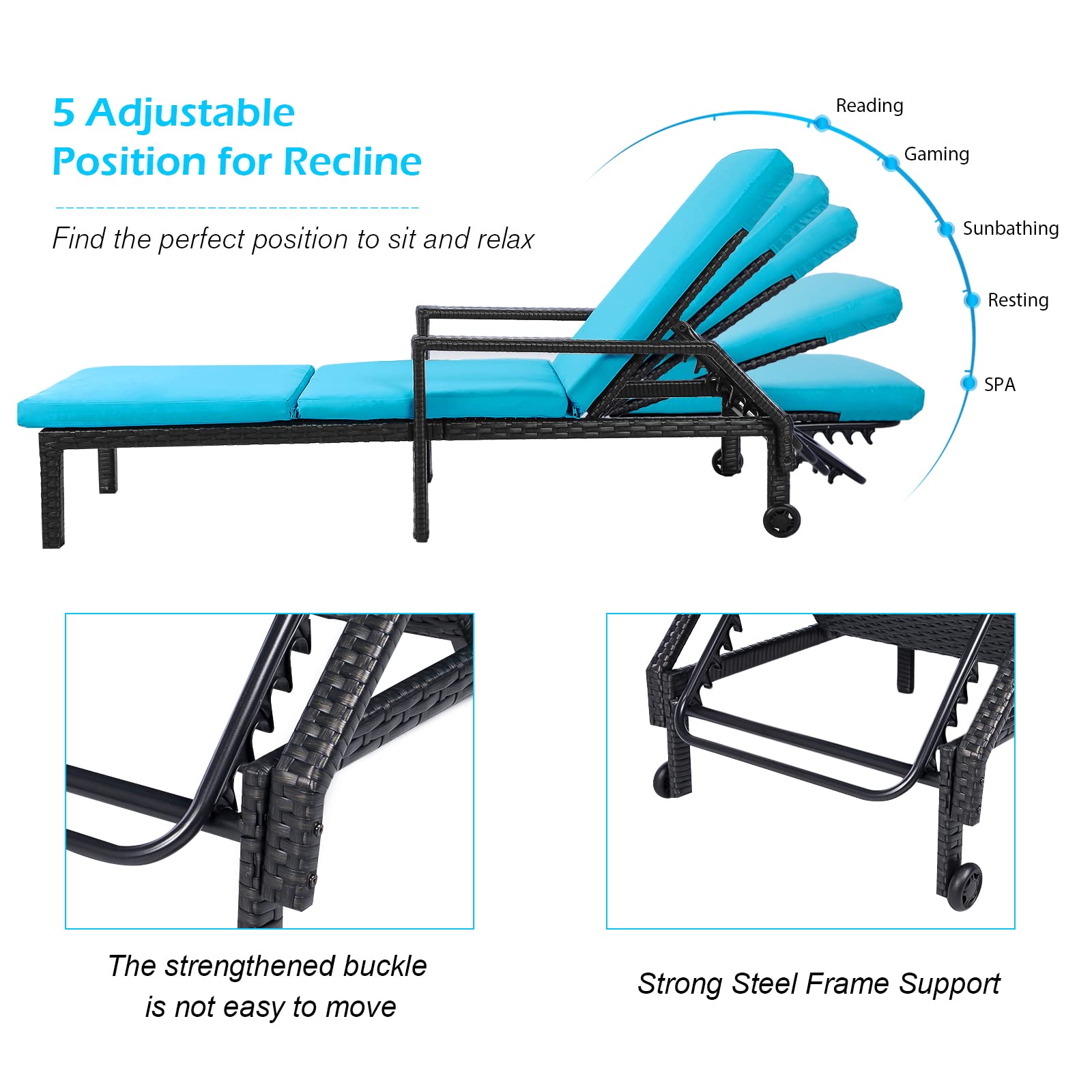 AECOJOY Chaise Lounge Chairs for Outside Outdoor Lounge Chairs Set of 2, Adjustable PE Rattan Wicker Patio Pool Lounge Chair with Cushion and Wheels for Poolside Backyard Deck Porch Garden, Blue