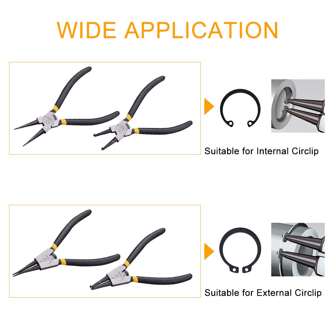4 Piece 7-Inch Snap Ring Pliers Set, Internal/External Circlip Pliers Kit Straight/Bent Jaw Pliers Tips C-Clip Pliers with Storage Pouch