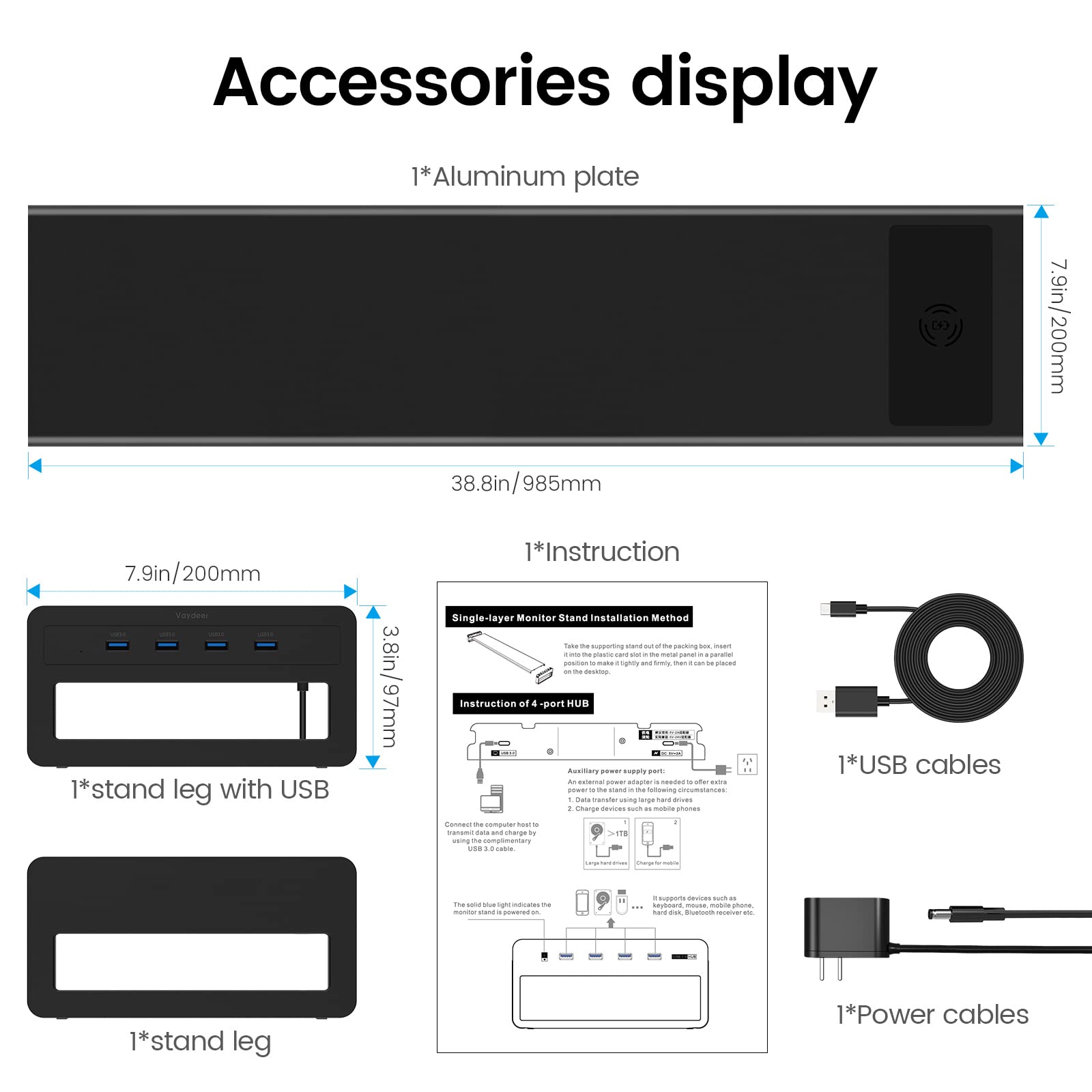 Vaydeer Dual Monitor Stand, Double Monitor Riser with Wireless Charger and 4 USB 3.0 Hub Ports, Metal Desk Raiser for 2 Monitors, PC Screen iMac Studio Display Gaming Office Work Space Saver Organizer