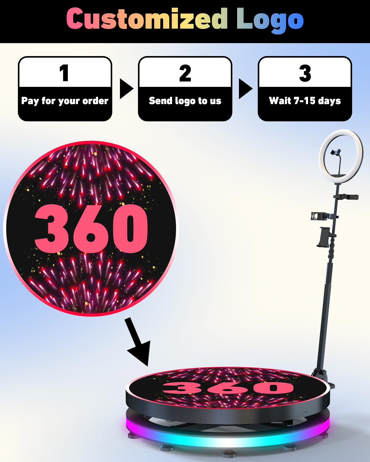 360 Photo Booth Machine for Parties with Ring Light 3 People Stand on Remote Control Automatic Slow Motion 360 Spin Photo Camera Booth Free Custom Logo 80cm 31.5 inch with Flight Case