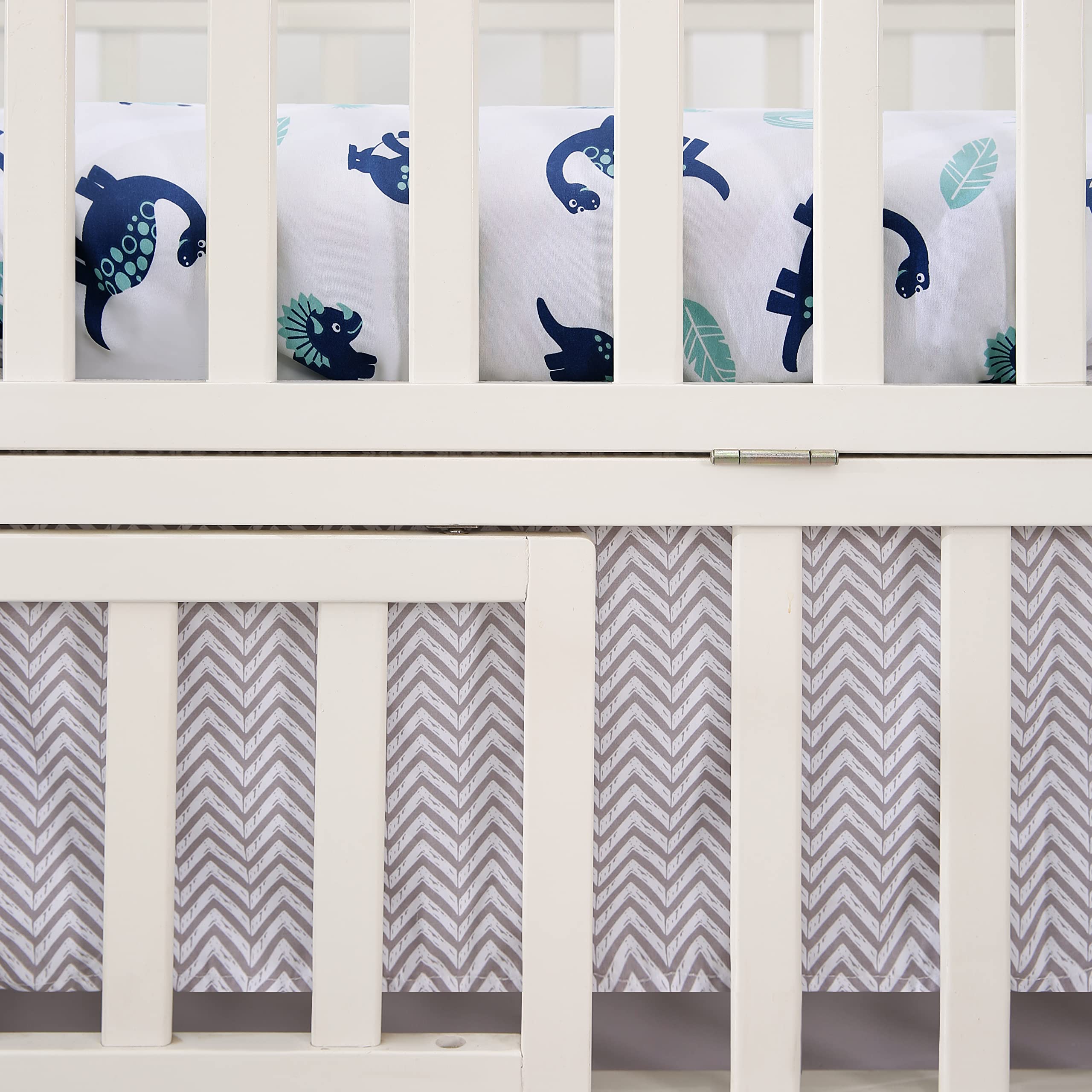 8 PC Dinosaur Crib Bedding Set for Baby Boys, Blue Nursery Set with Quilt/Sheet/Dust Ruffle/Blanket/Diaper Stacker/3 Wall Stickers, (0363)