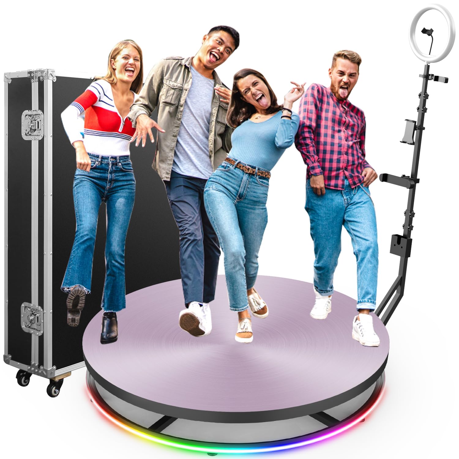 360 Photo Booth Machine for Parties Free Custom Logo with Ring Light 5 People Stand on Remote Control Automatic Slow Motion 360 Spin Photo Camera Booth 100cm 39.4 inch with Flight Case