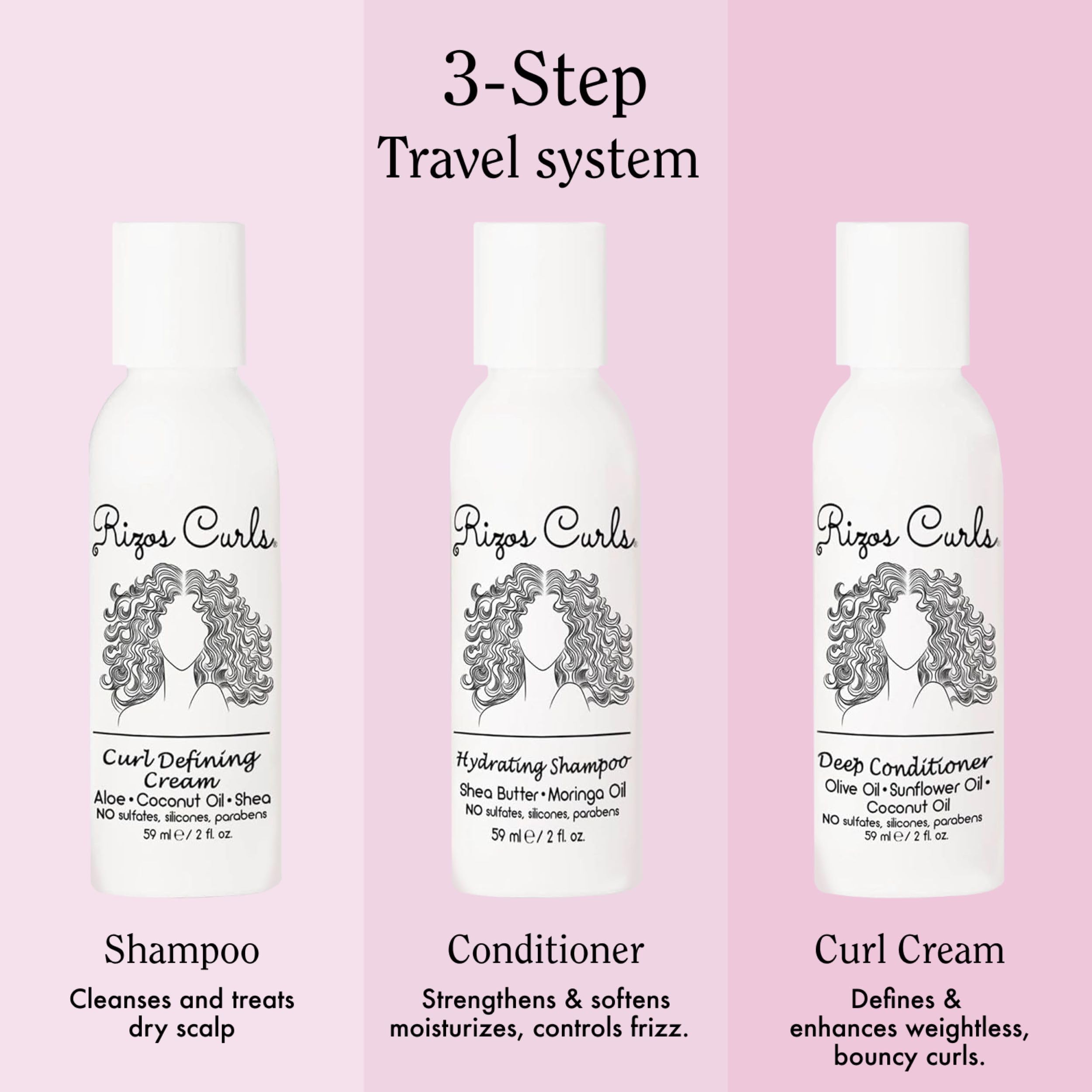 Rizos Curls Trio Travel Curl Kit, Includes Travel Hydrating Shampoo, Travel Deep Conditioner, Travel Curl Cream, Gently Cleanse, Hydrate and Style, For All Curl Patterns 2a - 4c, 3 pack of 2 oz