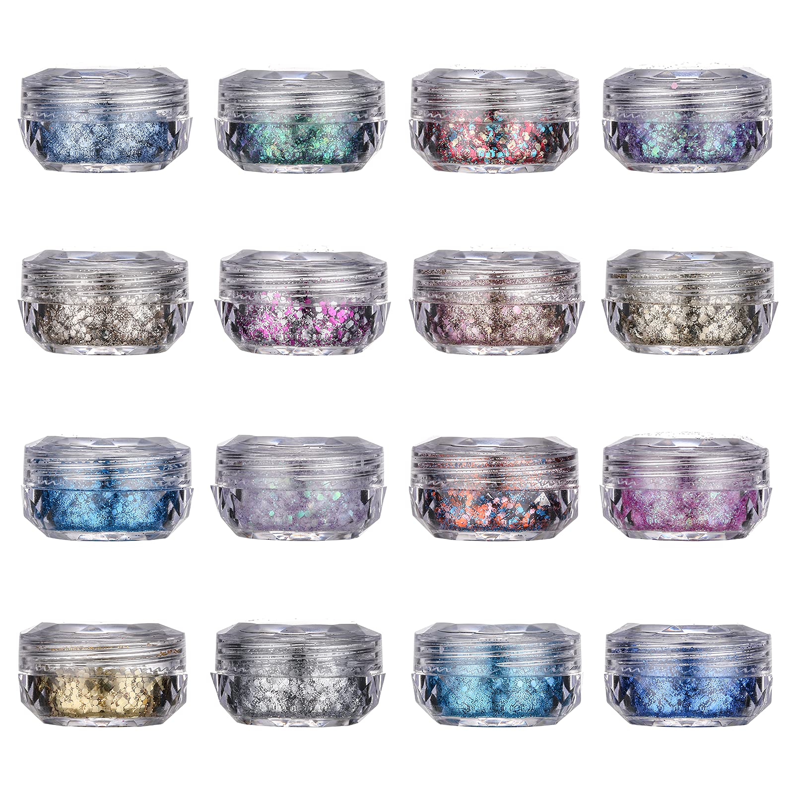 Oneleaf Holographic Chunky Glitter 16 Colors Total 120g Face Body Eye Hair Nail Festival Chunky Mermaid Dreams Holographic Sequins Glitter for Christmas, Mixed Different Size