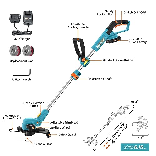 Berserker 20V 12" Cordless String Trimmer 2.0Ah Battery Powered and Fast Charger Included, 2-in-1 Compact Weed Wacker Eaters and Edger with Support Wheels,Ideal for Lawn Trim and Yard Maintenance