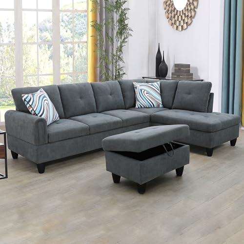 97” W Sectional Sofa with Chaise, Modular Sectional Sofa Set, Flannel Convertible Sectional Couch L Shaped Couch with Chaise, U Shaped Modular Sofa with Storage, Couches for Living Room, Dark Grey