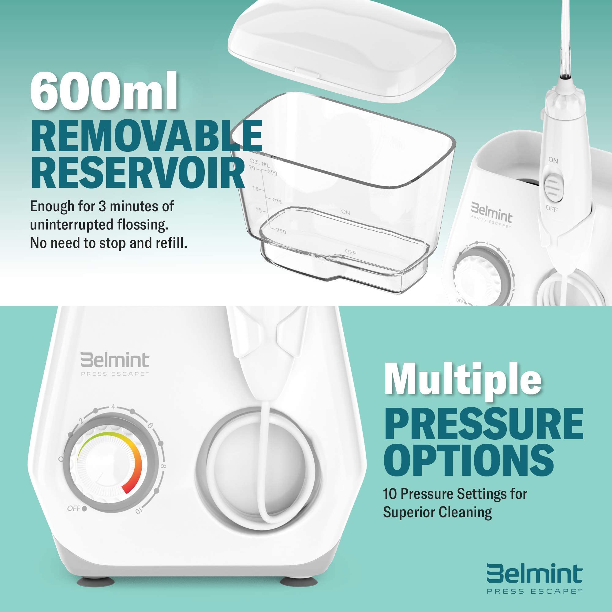 Water Flosser Teeth Cleaning - Countertop Oral Irrigator Teeth Cleaner for Braces & Bridges with 10 Adjustable Water Jet Pressures - 8 Multifunctional Tips, 600ml Capacity