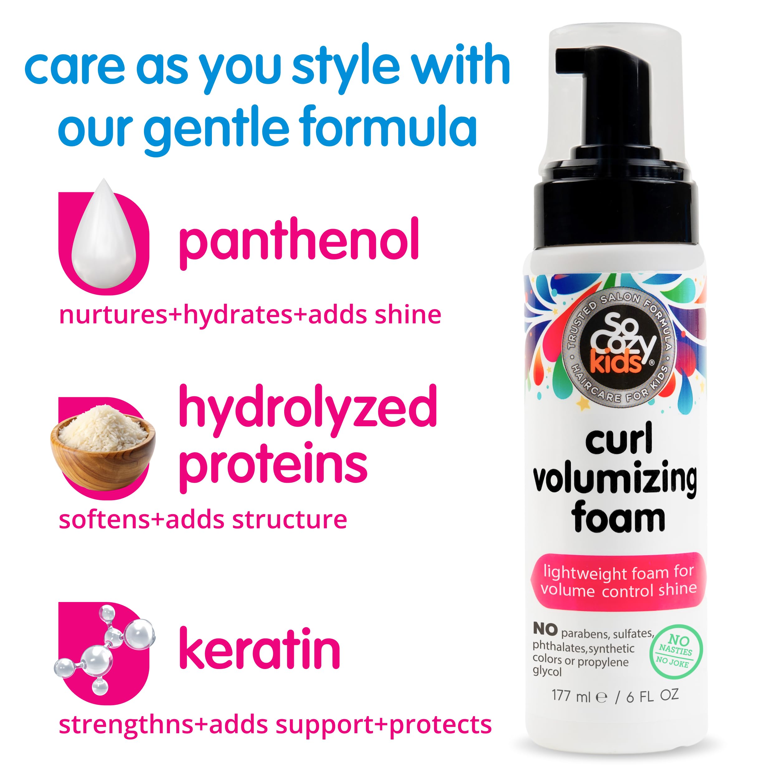 SoCozy Hair Mousse for Kids, Curl Volumizing Foam Mousse for Curly Hair (6 Fl Oz) Enhances Shine & Volume, Gentle Formula with Panthenol, Hydrolyzed Proteins & Keratin, Paraben & Sulfate-Free