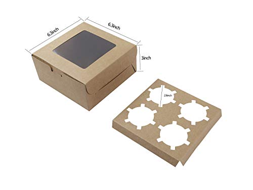 ST.LORIAN 15 Packs Bakery Cupcake Boxes with Window and Inserts 4 Holders,Twine and Stickers,6x6x3 Inch Food Grade Kraft Cookie Boxes for Muffins,Small Cakes,Cupcakes(15 Packs, Kraft)