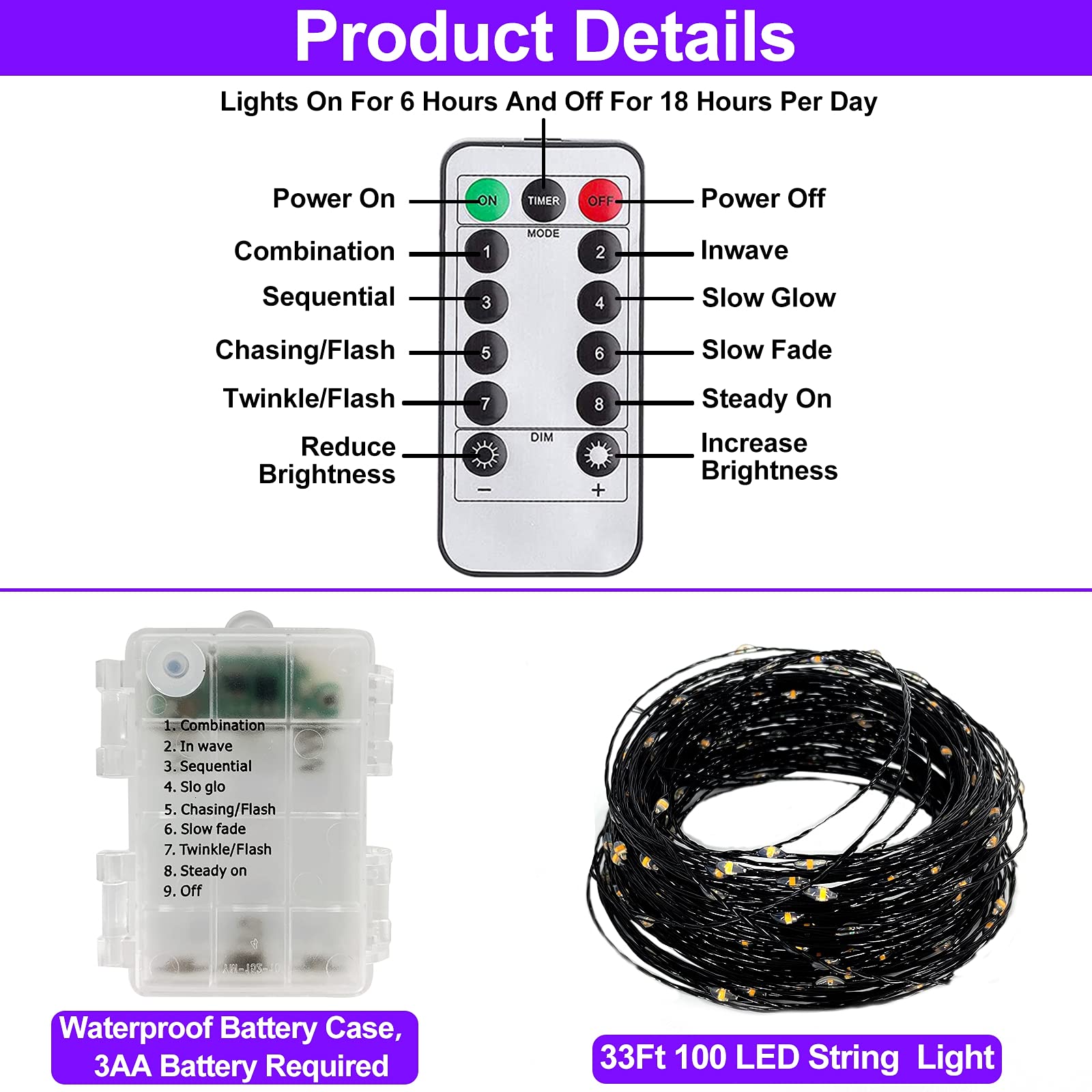 3 Set Halloween String Lights with Timer, Purple Battery Powered Copper Wire Fairy Lights, Halloween Decoration Outside Yard Party Home Indoor Outdoor, 33 Ft 100 LED Each