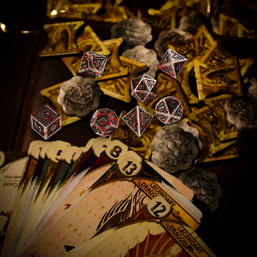 Bloodstained Metal DND Dice Set of 7Pcs with Storage Box, Dragon Scale D&D Dice Set with Oversized D20 for Tabletop Roleplaying Games, Dungeons and Dragons, DND, D&D