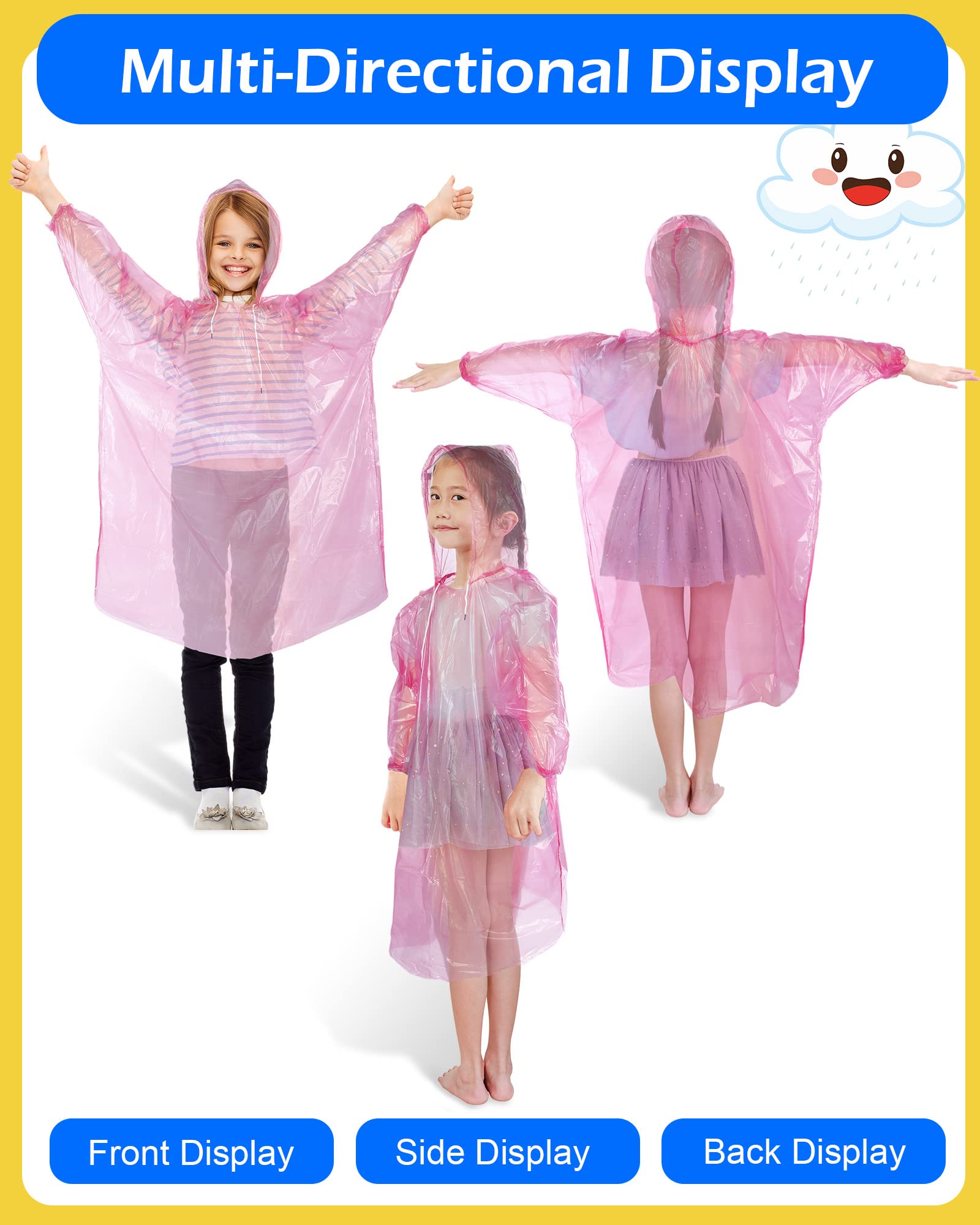 30 Pcs Kids Rain Ponchos Bulk Disposable Rain Ponchos for Kids Emergency Ponchos Disposable Ponchos Pack (Pink, Purple, Blue)