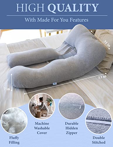 Pharmedoc Pregnancy Pillows, U-Shape Full Body Pillow -Removable Jersey Cotton Cover - Grey - Pregnancy Pillows for Sleeping - Body Pillows for Adults, Maternity Pillow and Pregnancy Must Haves
