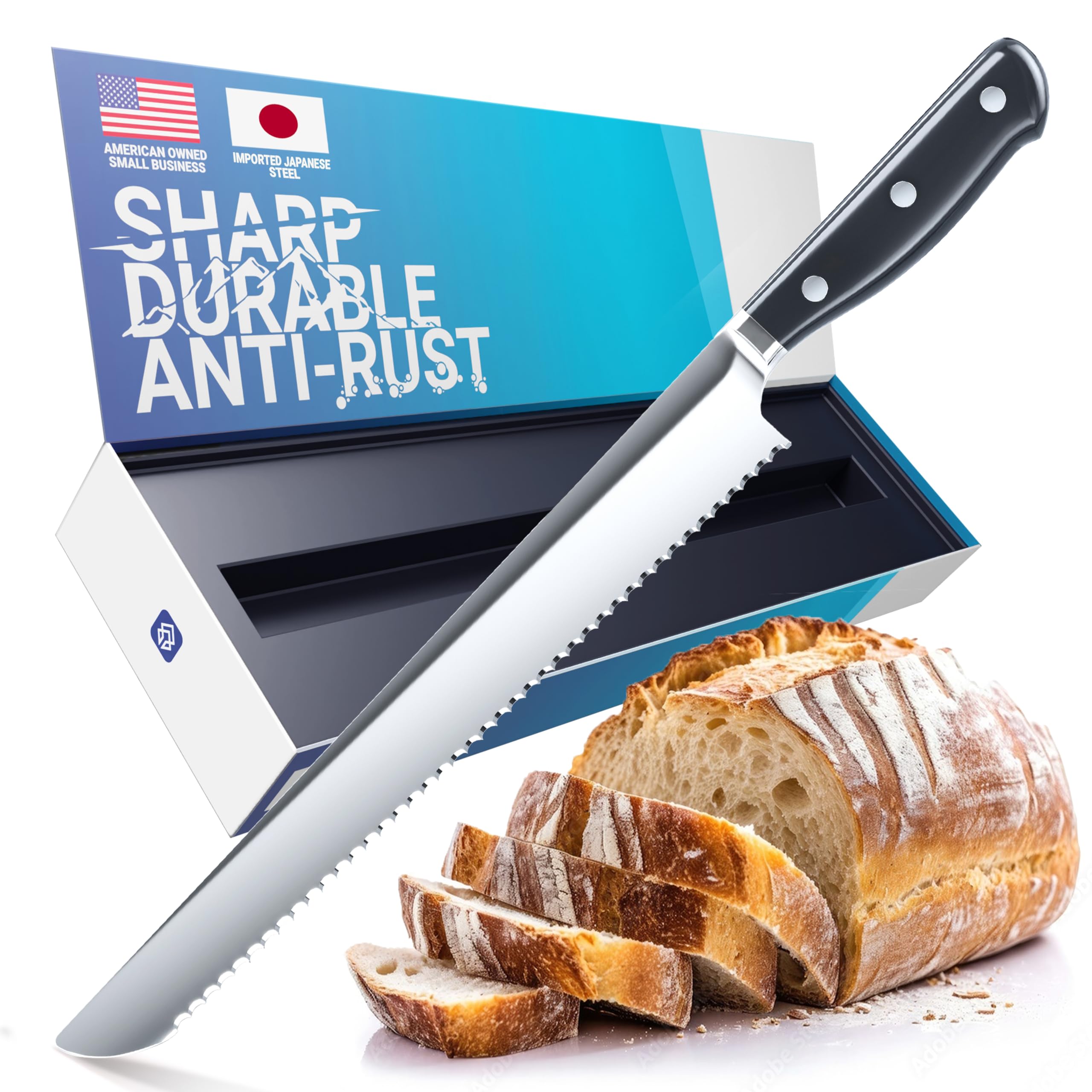 FOXEL Best Bread Knife 10 Inch Serrated - Razor Sharp Rust Resistant Japanese VG10 Steel for Cutting Bread, Cake, Sourdough, Sandwiches, Bagels, and Hard Crust - Black Handle