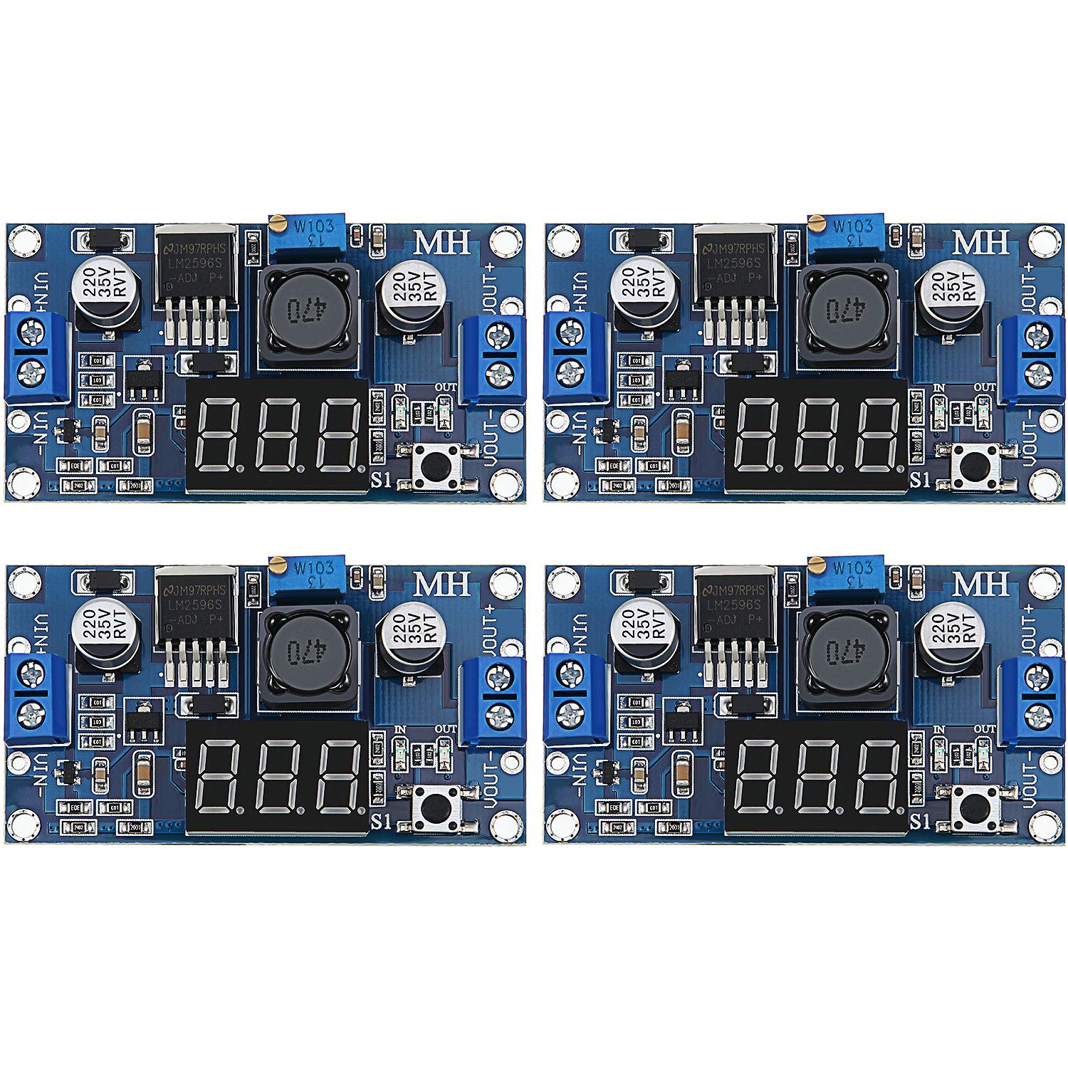 4 Pieces Adjustable LM2596S DC-DC Buck Converter Reduced Voltage Regulator Power Module 36V 24V 12V to 5V 2A Voltage Stabilizer with Digital Voltmeter Display