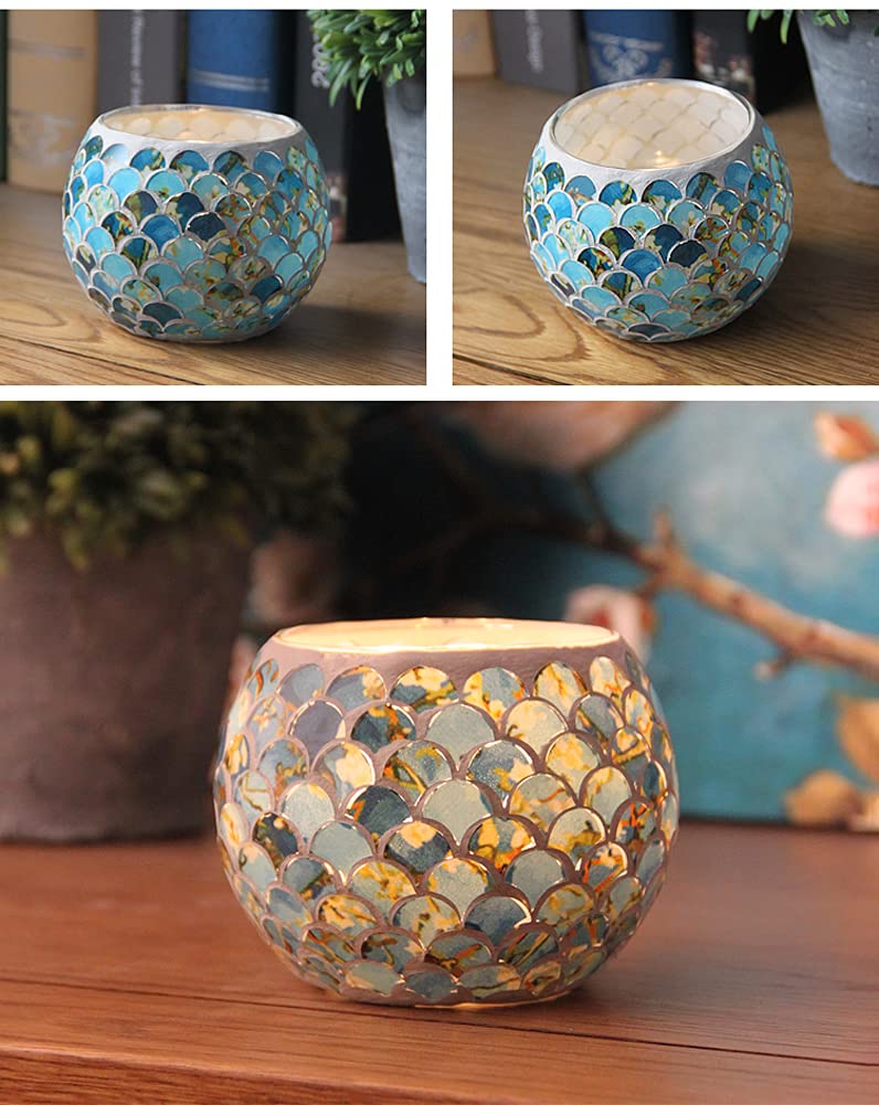 Blue Fish Scales Mosaic Glass Tea Light Candle Holder Romantic Handmade Gifts Votive Candleholder Christmas Candlestick Holders Table Centerpieces Home Decor Wedding Party Table Decorations