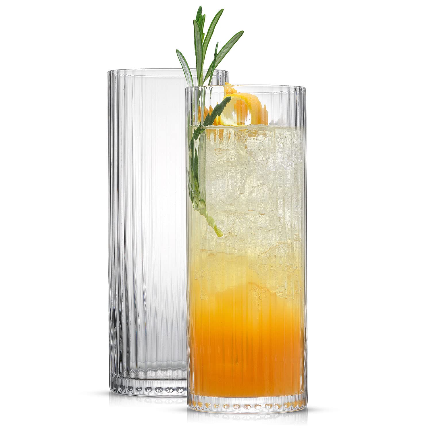 JoyJolt 16oz Fluted Highball Glasses - 2 Ribbed Tall Cocktail Tumblers for Gin, Juice, Water