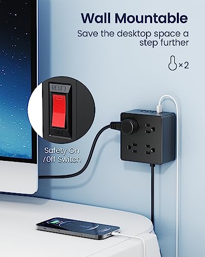 5ft Power Strip, SUPERDANNY Surge Protector 900 Joules, 4-Outlet 4-USB Extension Cord, Overload Switch, Grounded, Mountable, Desktop Charging Station for Home, Office, School, Dorm, Computer, Black