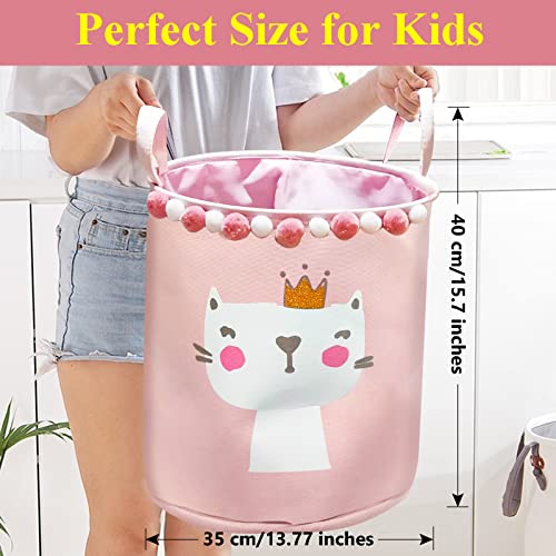 Cute Babys Laundry Basket - Kids Laundry Hamper for Girls, (Cat) Collapsible Thicken Durable Toys Organizer Storage Round Baskets and Nursery Bedroom Decor (Pink)
