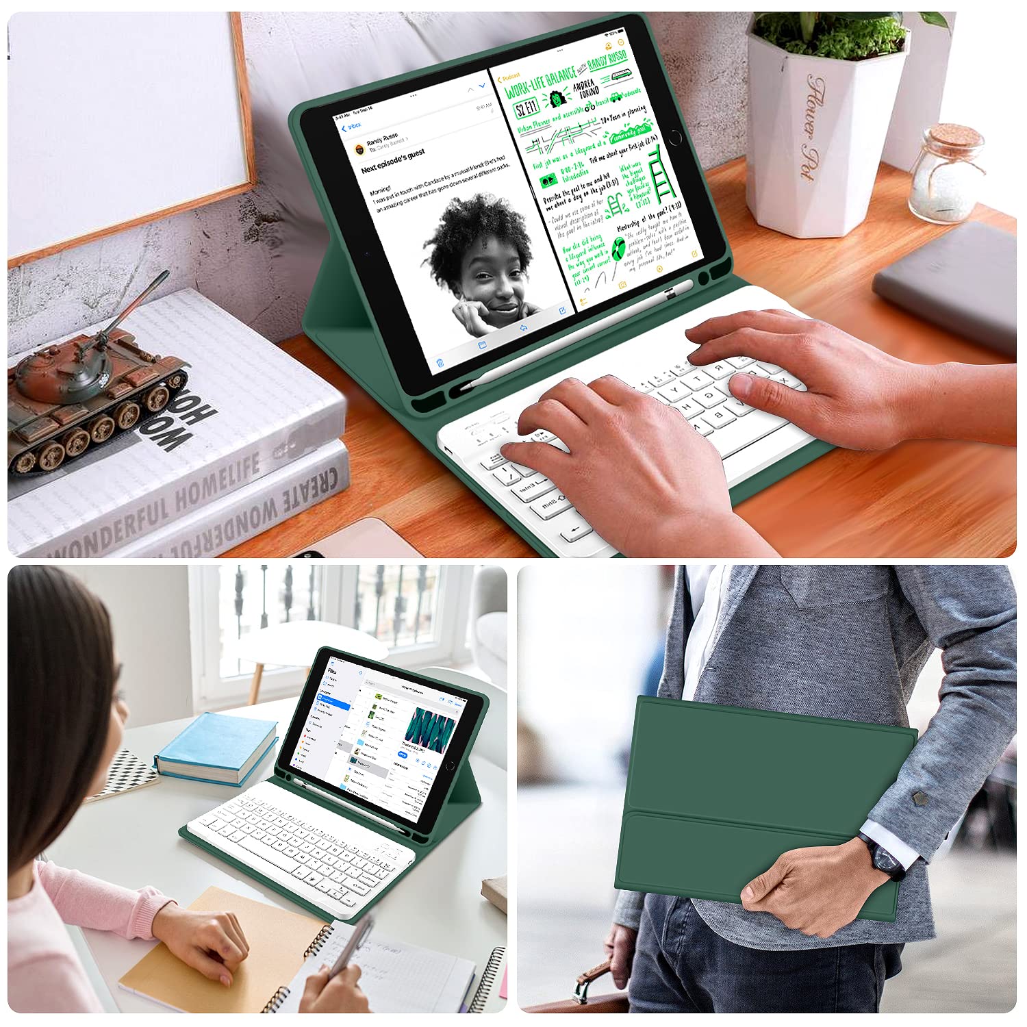 Keyboard Case for iPad 9th/8th/7th Generation 10.2 Inch 2021/2020/2019, Soft TPU Back Stand Cover Smart Case with Pencil Holder, Magnetically Detachable Wireless Bluetooth Keyboard, Dark Green