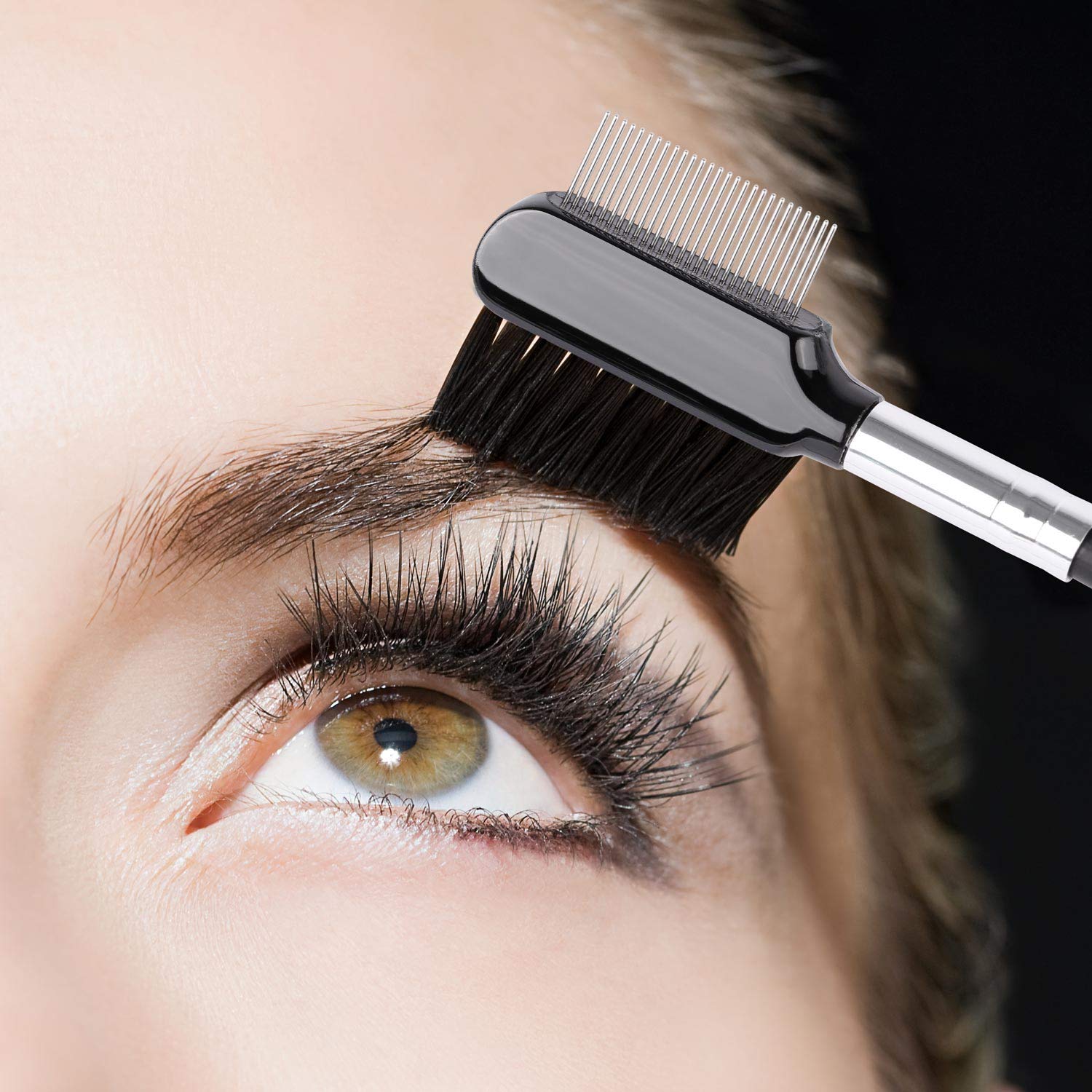 3 Pcs Makeup Eyebrow Eyelash Brush with Metal Teeth Comb Black