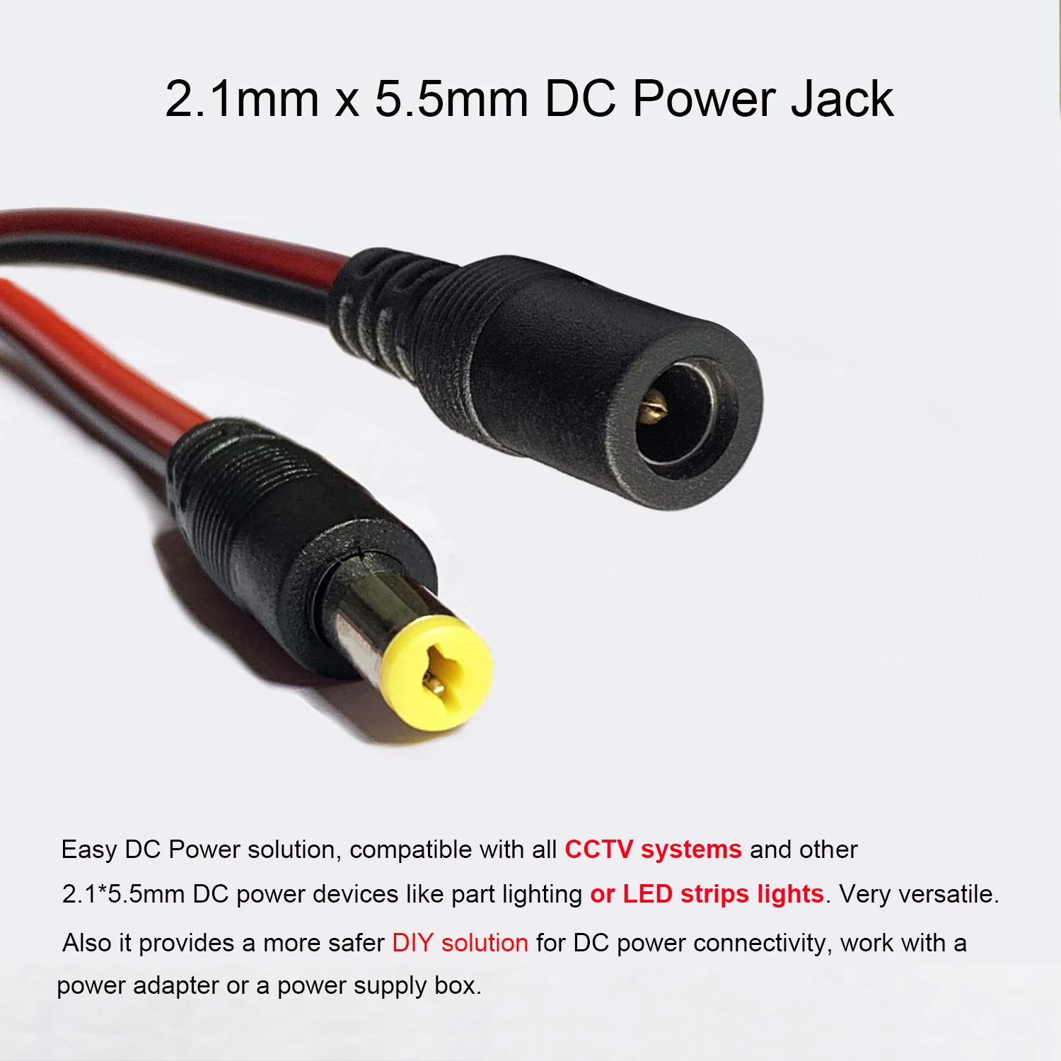 DAYKIT 10 Pairs DC Power Pigtail Cable, 12V 5A 2.1mm x 5.5 mm Male & Female Connectors for CCTV Security Camera and Lighting Power Adapter
