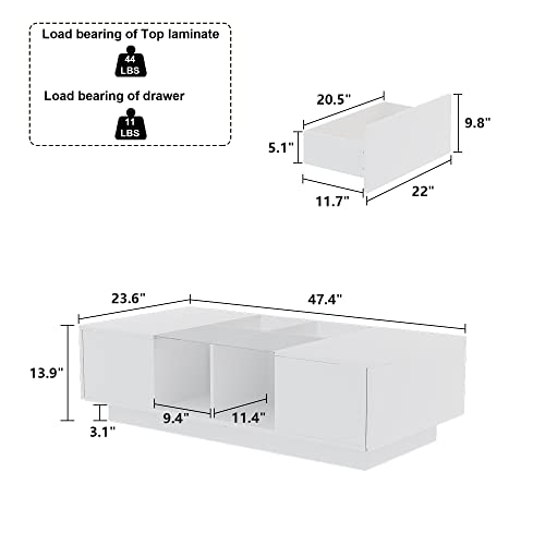 ECACAD Modern LED Coffee Table with Drawers & Open Compartments, Rectangle Coffee Center Table with Glass Top for Living Room, Bedroom, White (47.4" W x 23.6" D x 13.9" H)