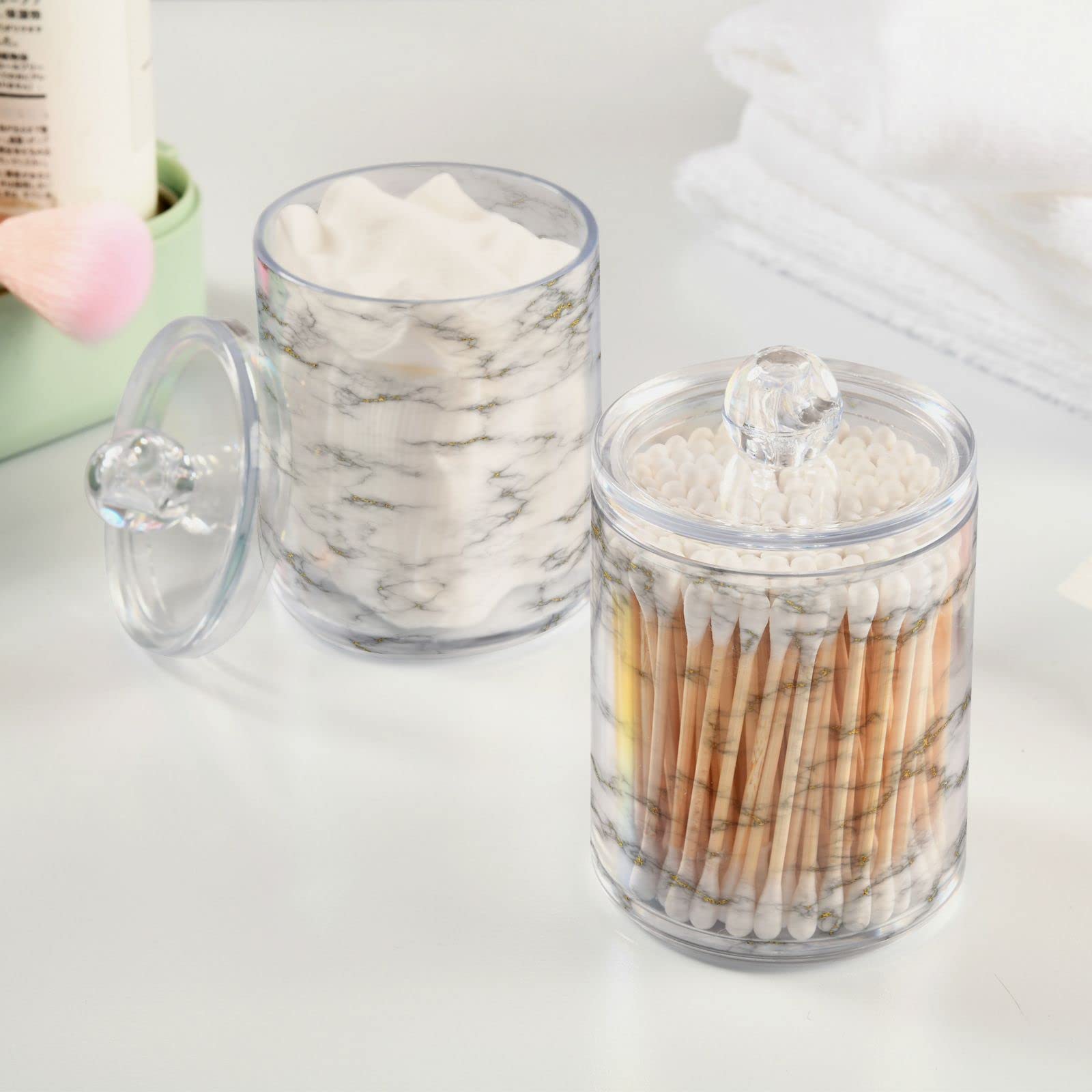 Marble Nature Texture Qtip Dispenser Apothecary Jars White Stone Grain Veins Bathroom Qtip Holder Storage Canister Plastic Jar 10 Oz for Cotton Ball Swab Round Pads Floss 2pcs