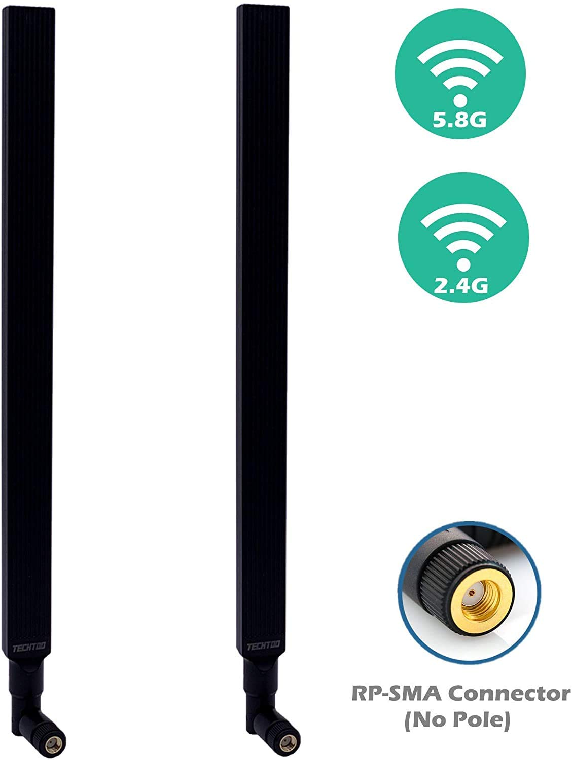 TECHTOO WiFi Antenna Dual Band 9 dBi 2.4/5.8GHz for Router AP - Security IP Camera - USB Card Adapter - PCI PCIe Cards - Range Extender - PC Desktop - Drone - PS4 Build (2.4/5.8GHz RP-SMA 2-Pack)