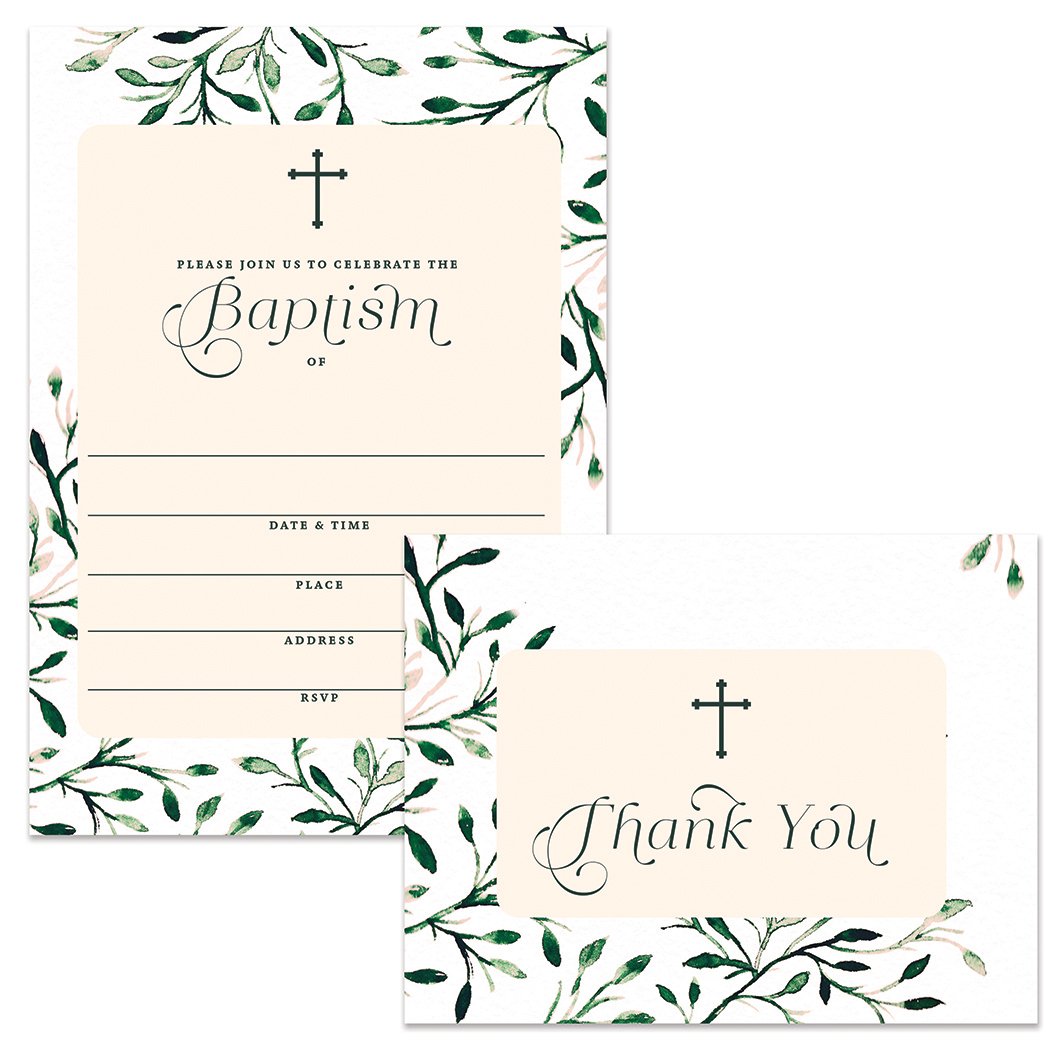 DB Party Studio Baptism Invitations ( 25 ) & Matching Thank You Cards ( 25 ) Set with Envelopes, Pretty Delicate Leaf Design 5 x 7" Fill-in Invites & Folded Thanks Notes Baby Infant Christening Pair
