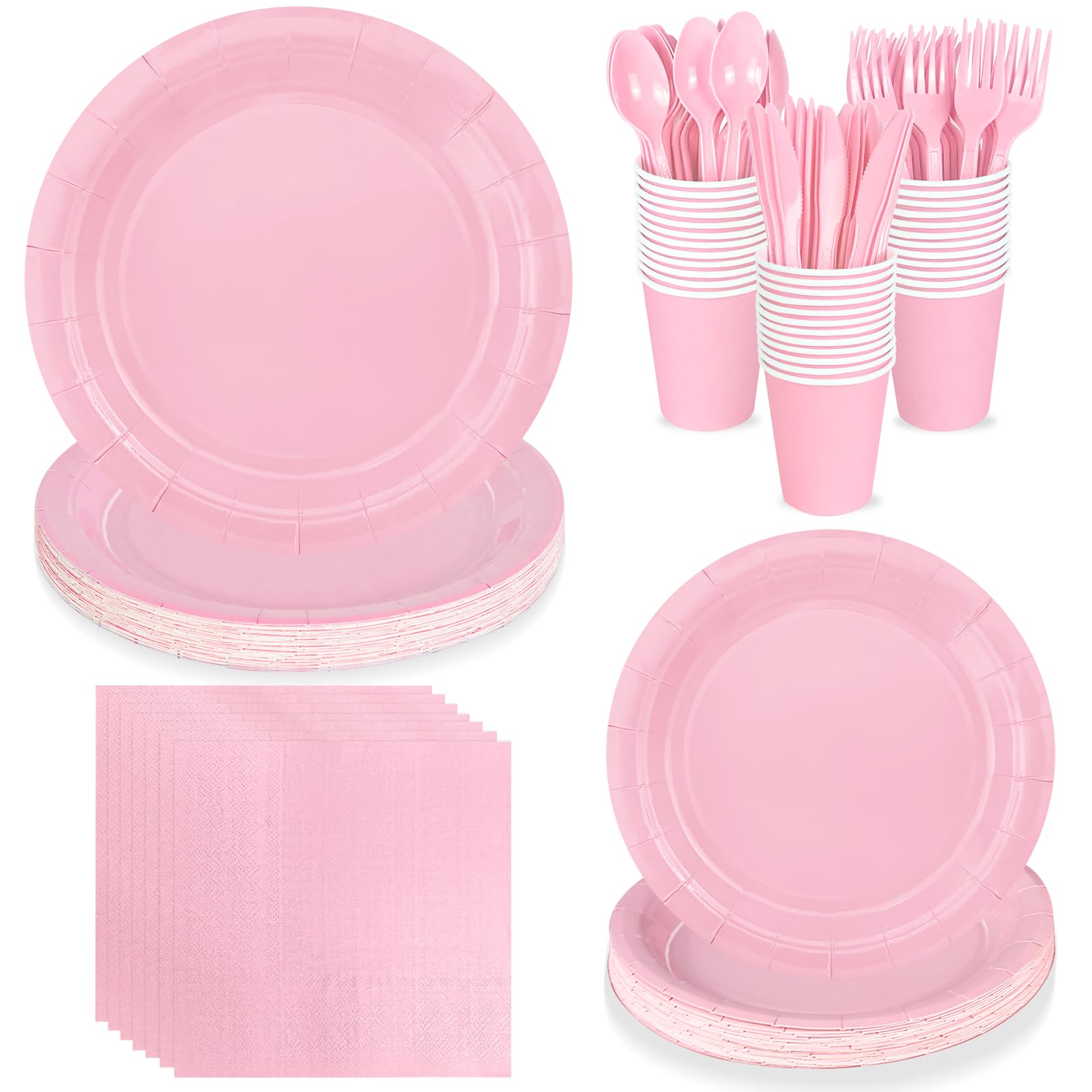 WNINK 168PCS Light Pink Paper Plates and Napkins,Pink Disposable Plates Set with Pink Utensils,Pink Party Decorations for Baby Shower Gender Reveal Women Birthday Party Supplies Serve 24 Guests