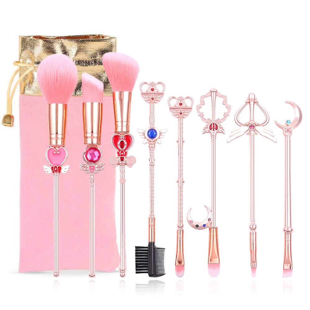 8 Pcs Kawaii Makeup Brush Set with Cute Pink Pouch, Cardcaptor Cosmetic Makeup Tool Sets & Kits for Daily Use and Valentine's Day/Thanksgiving/Birthday Gift - B