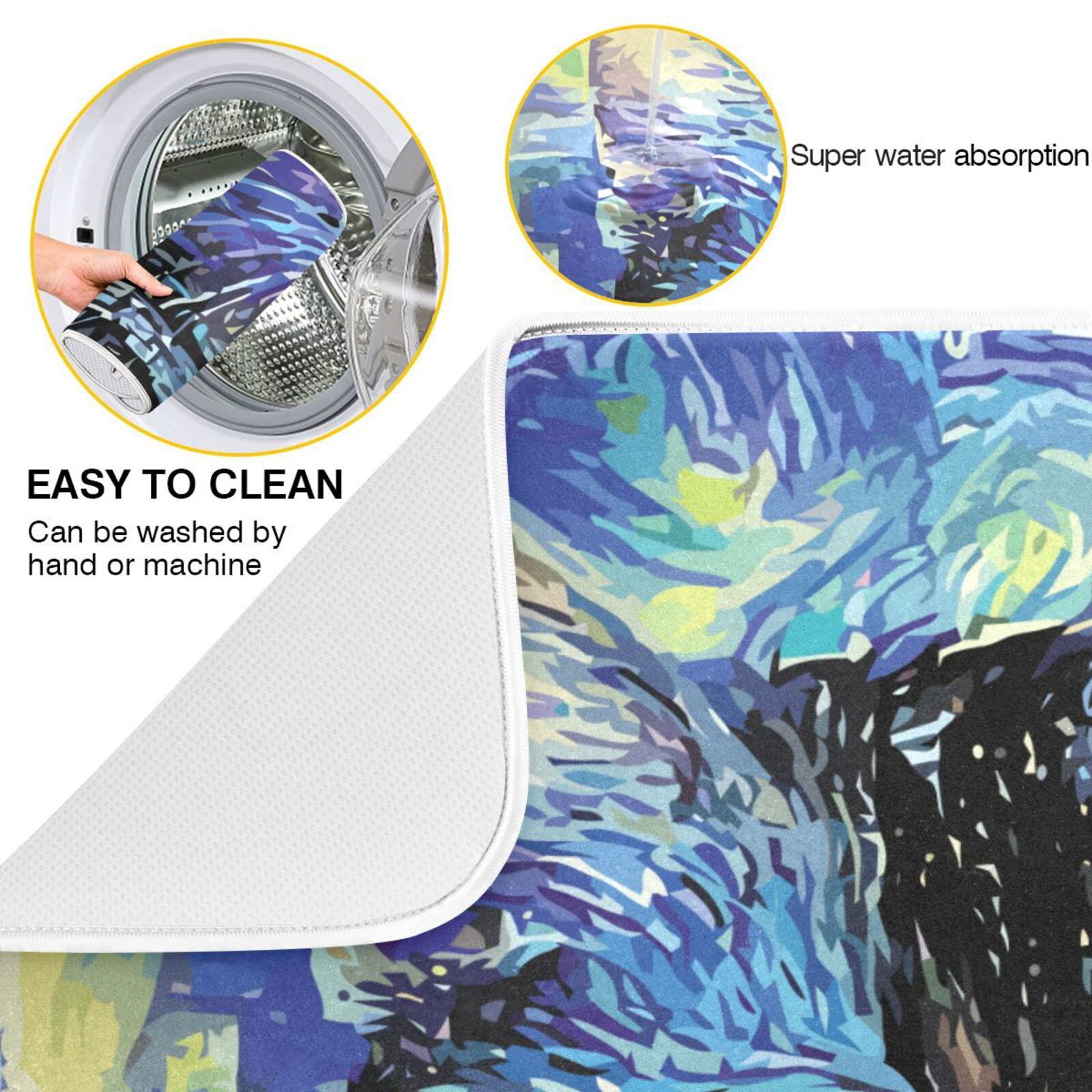 Absorbent Dish Drying Mat for Kitchen Counter - Cat Blue Starry Sky Microfiber Drying Pad, Reversible Drainer Mats for Countertop, Large 18" x 24"