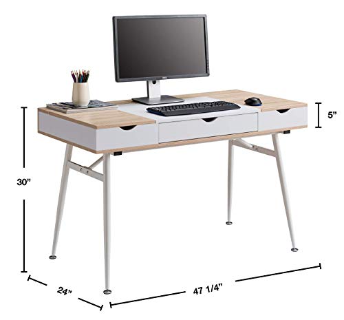 JJS Home Computer Desk, Writing Desk with Drawers, Contemporary Design Split Top Storage Modern Desk, Sturdy and Easy Assembly Spacious Desktop Mid Century Desk,White Desks for Bedroom Dresser Table