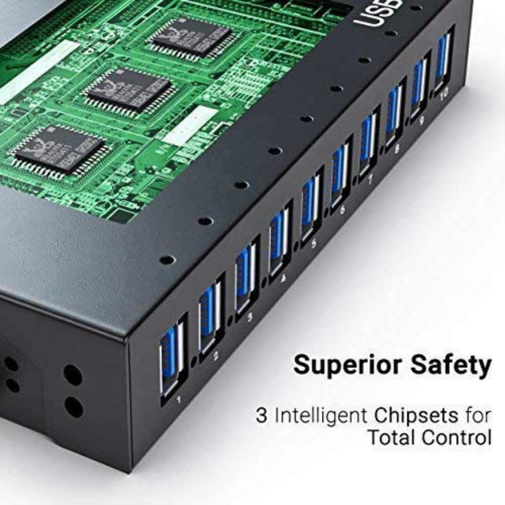 BrovSS: 10 Port Powered USB 3.0 Hub Aluminum - USB Hub Charger - Multiple Port Splitter Hub with 12V 5A 60W Power Adapter with USB Cable for Apple, Laptop, PC, USB Flash Drives, HDD Hard Drive (Black)