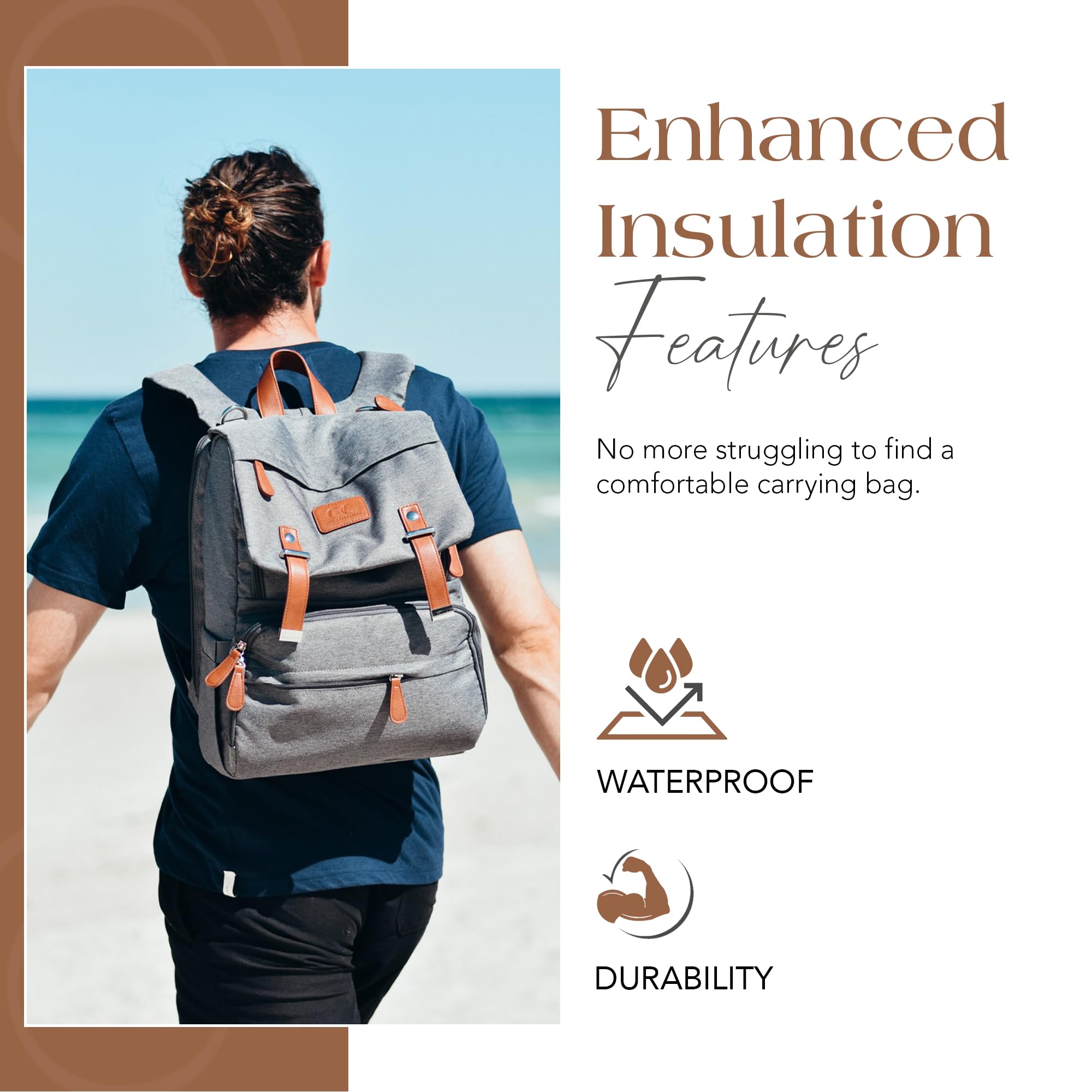 Citi Collective Nomad Grey Diaper Bag Backpack -Premium Vegan Leather- Compact Spacious Design With Insulated Pockets and Stroller Clips