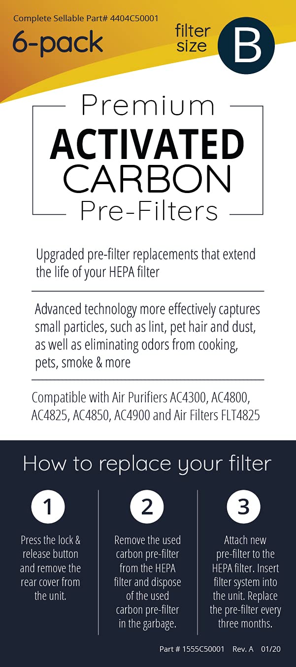 BlueBird Filters Germ Guardian Carbon Pre Filter Kit, 6 Pack, Compatible with FLT4825 HEPA Filter B, Air Purifier AC4300, AC4900, AC4825, AC4850, AC4820