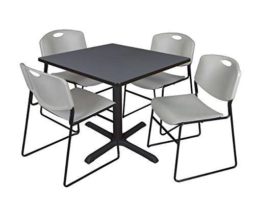 Cain 42" Square Breakroom Table- Grey & 4 Zeng Stack Chairs- Grey