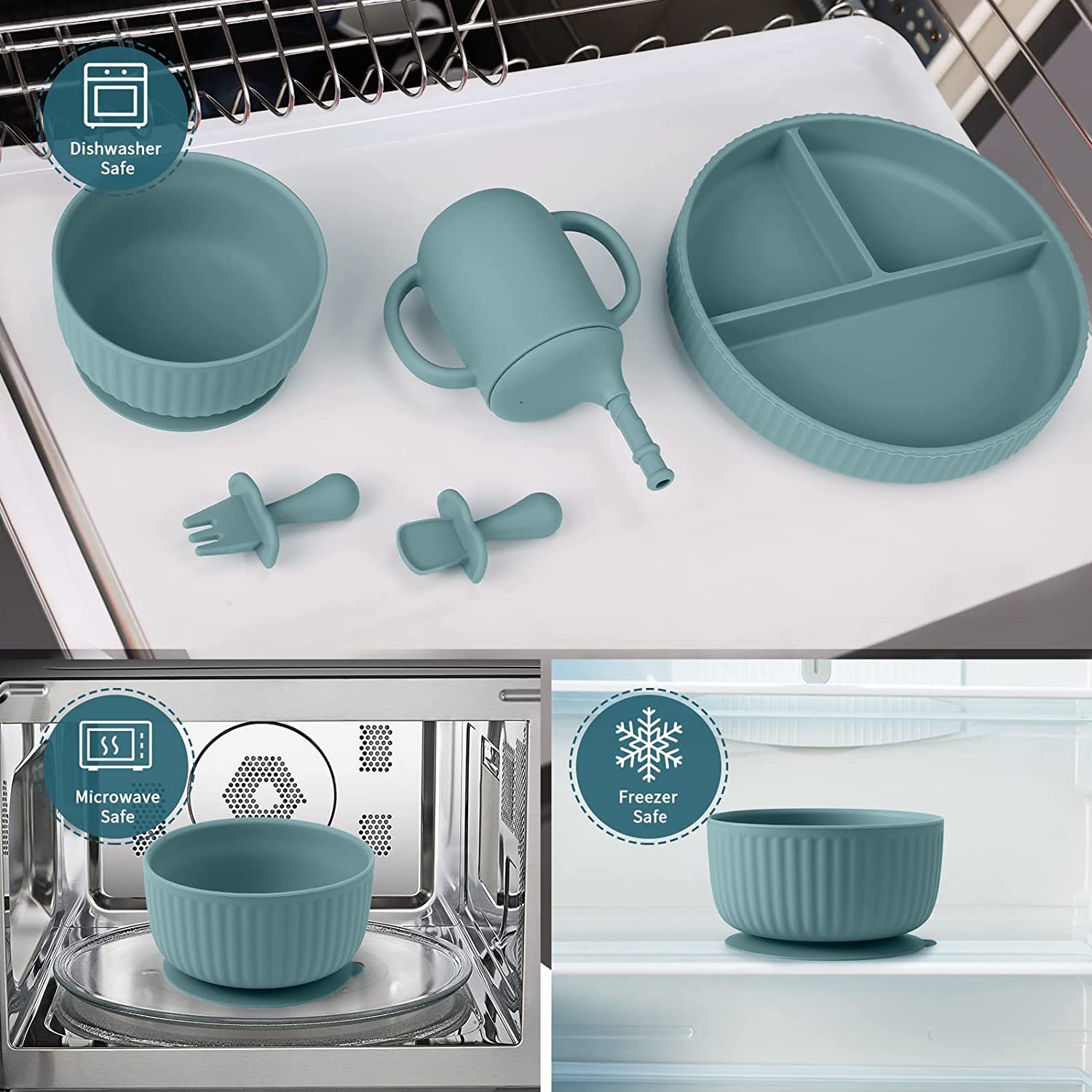 Silicone Baby Feeding Set, 2 Adjustable Bibs with Food Collectors, 1 Suction Cup Divider, 1 Suction Cup, 1 Sippy Cup,1 Stage 1 Spoon and 1 Fork, Baby Led Weaning Utensils,Toddler Self Feeding Set