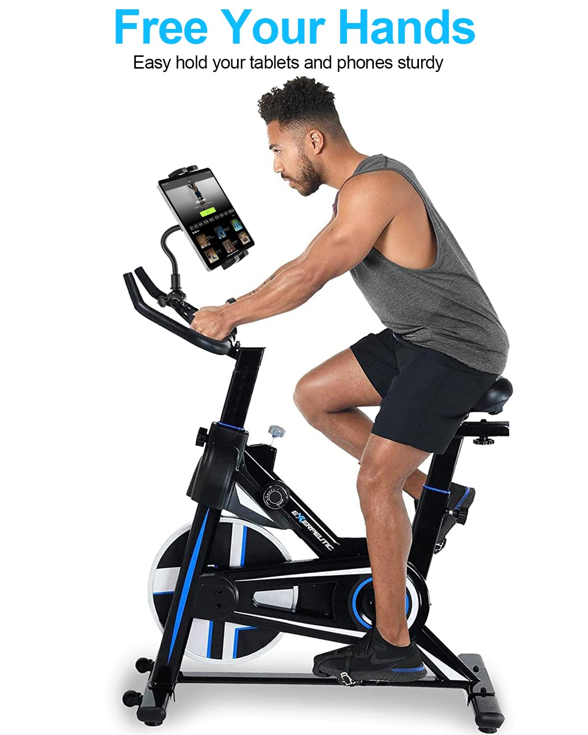 woleyi Gooseneck Spin Bike Tablet Mount, Elliptical Treadmill Tablet Holder, Indoor Peloton Stationary Exercise Bicycle Tablet Clamp for iPad Pro 12.9/Air/Mini, Galaxy Tabs, 4-13" CellPhone or Tablets