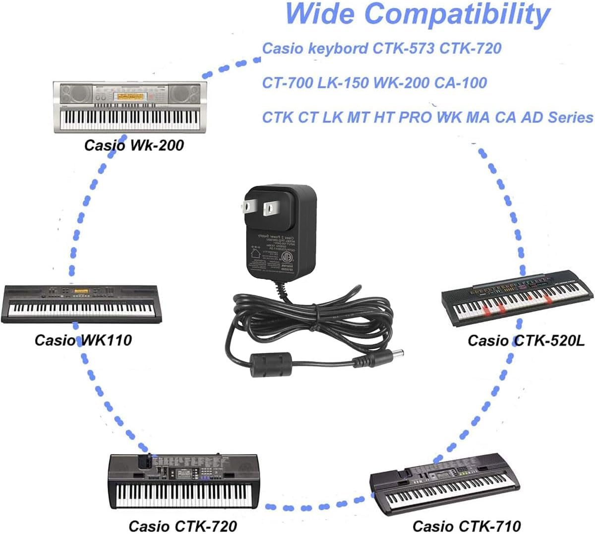 DC 9V Power Adapter for Casio Keyboard WK-110 WK-200 WK-210 CTK-720 CTK-710