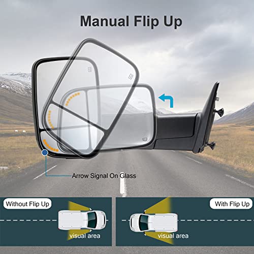 Adanz Towing Mirrors fit for 2009-2018 Dodge Ram 1500 2500 3500 Pickup Truck Power Heated Temperature Sensor Arrow Signal on Glass Puddle Lamp Foldaway