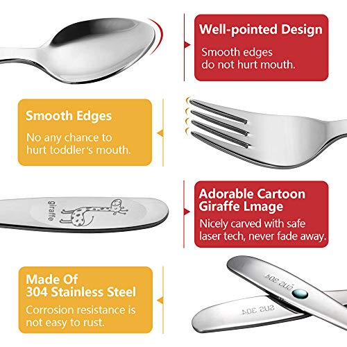 FUNNUO 4 Pack Toddler Utensils, 18/8 Stainless Steel Toddler Forks and Spoons, Safe Kid Silverware Set for Self Feeding, Children Flatware Sets with Mirror Polished,Dishwasher Safe
