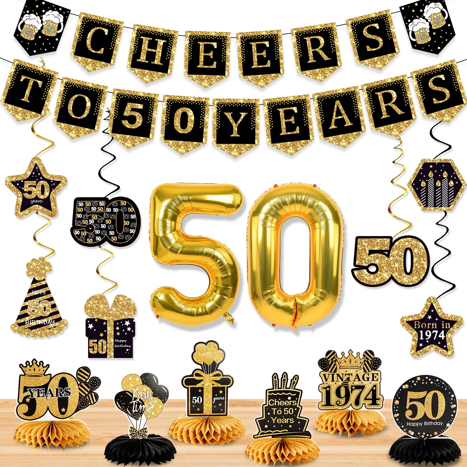 50th Birthday Decorations for Men Women,16Pcs birthday table Decorations,Cheers to 50 years Anniversary Decorations,Vintage 1974 Honeycomb Centerpieces Swirls Ballon Kit Party Supplies