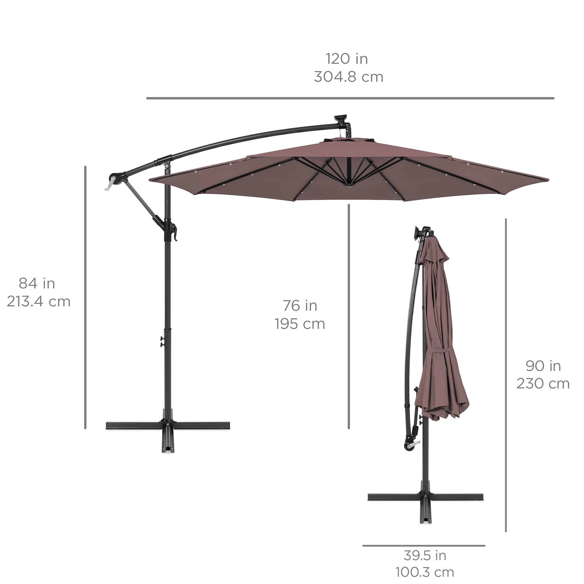 Best Choice Products 10ft Solar LED Offset Hanging Market Patio Umbrella for Backyard, Poolside, Lawn and Garden w/Easy Tilt Adjustment, Polyester Shade, 8 Ribs - Deep Taupe