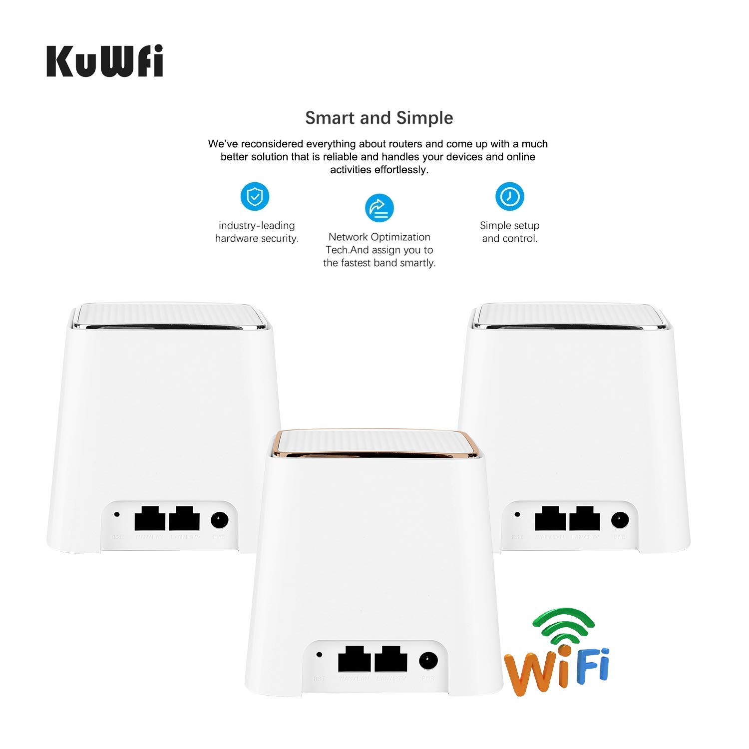KuWFi Mesh Wi-Fi System, Gigabit WiFi Mesh Network Cover, Replaces WiFi Router and Extender, Whole-Home 6000 Sq. ft. Coverage, Seamless High-Performance Wireless WiFi Booster (3 Pack)