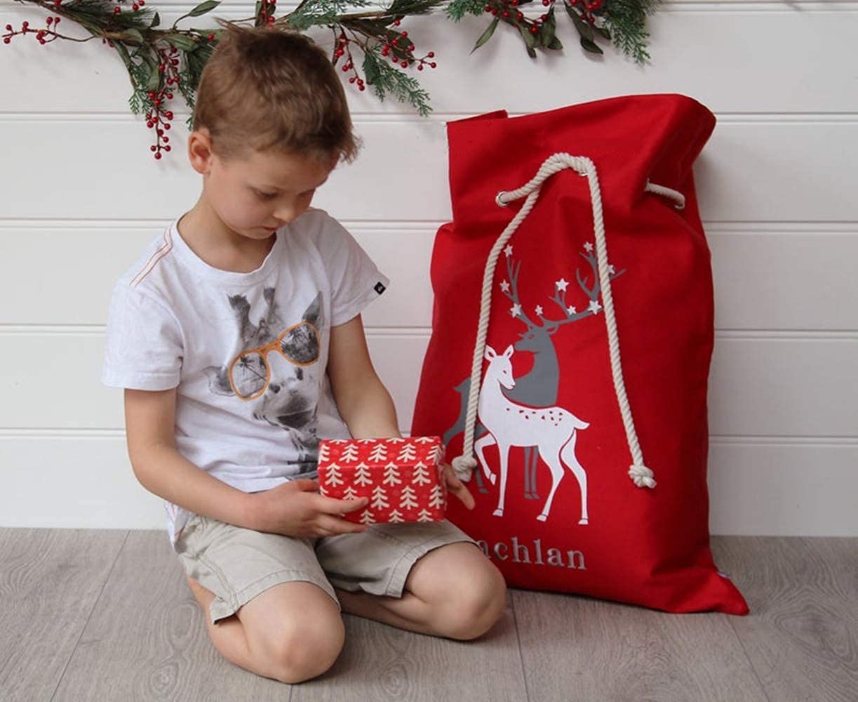 THOVSMOON Christmas Bag Santa Sack with Drawstring Reindeer Red Delivery Design Gift Bag Xmas Presents Large Size 19.5"x27.5"(Red Reindeer)