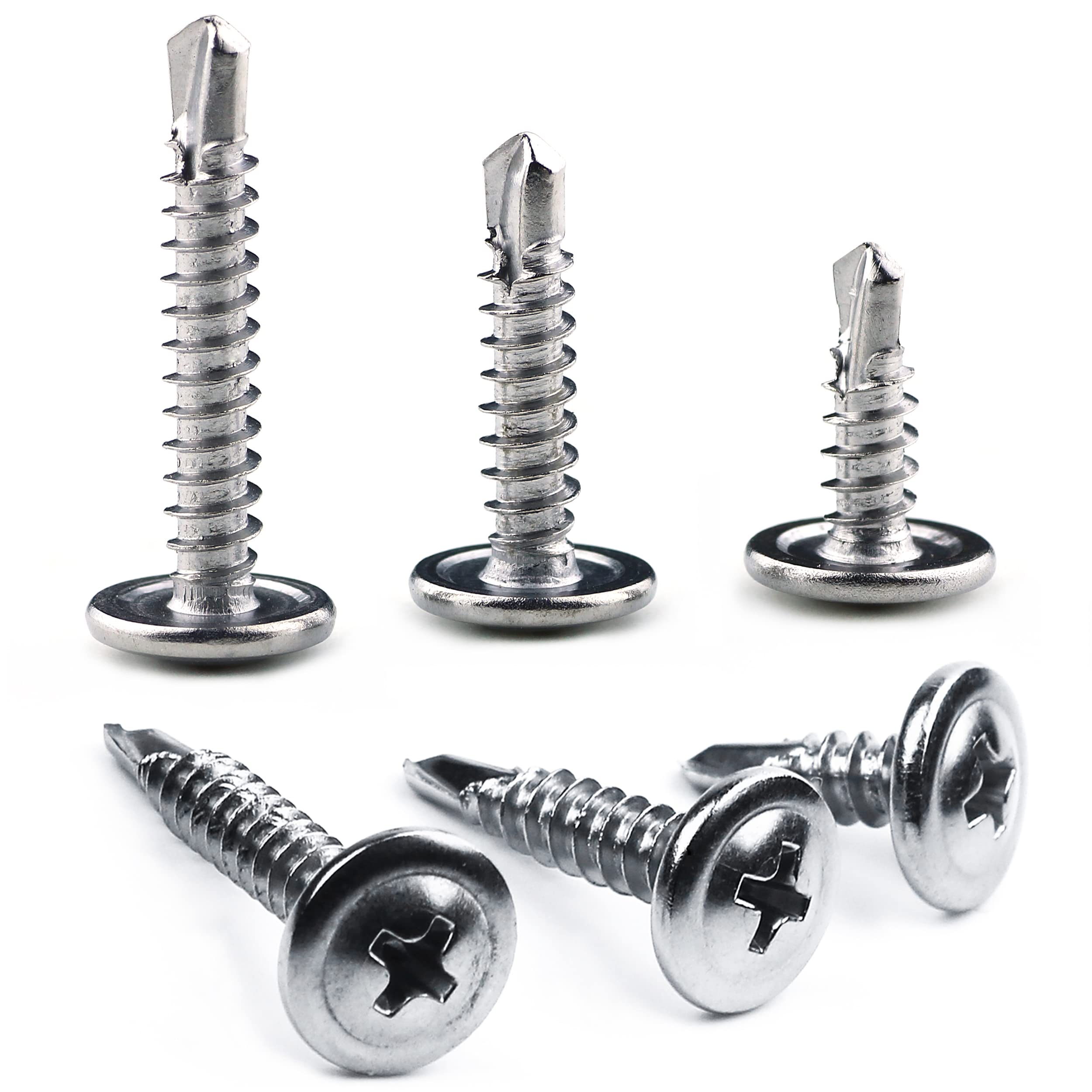 Jetovo 150 Pack 410 Stainless Steel Wafer Head Phillips Self Drilling Screws Sheet Metal Tek Screws Assortment Kit, Modified Truss Head Self Driller - Size: #8 x 1/2" #8 x 3/4" #8 x 1"