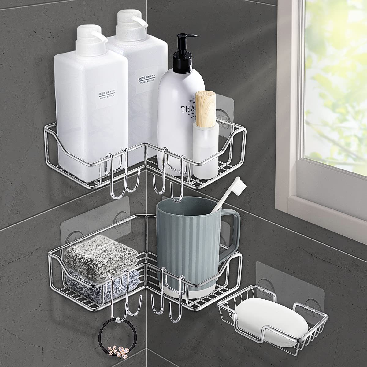 TETOTE Adhesive Shower Caddy,2-Pack,Adhesive No Drill Rack Silver Floating Shower Shelf with Hooks,Suction,Stainless Steel,Shower Organizer for Bathroom Camper RV