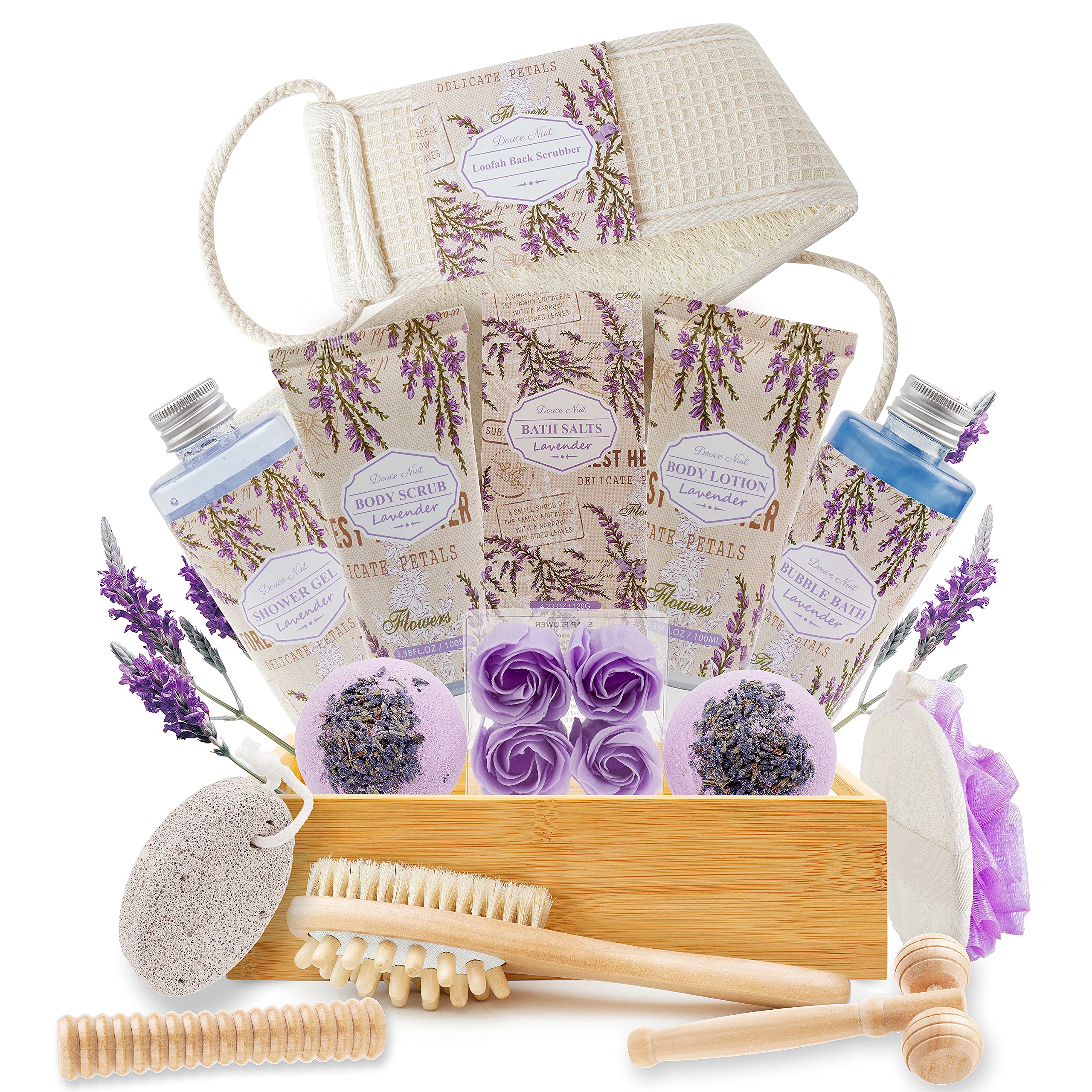 Luxury Spa Gift Baskets for Women in Lavender Essential, Christmas Birthday Gifts for Mom, 18pcs Bath Body Home Spa for Pampering Self Care with Bubble Bath Lotion Massager Roller Loofah scrubber